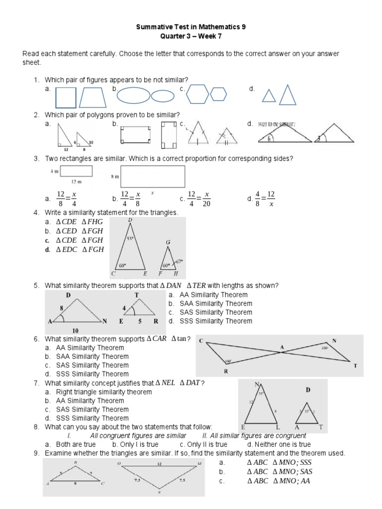 Math 9 - Quarter 3 - Week 7 - Summative TEst | PDF | Triangle ...