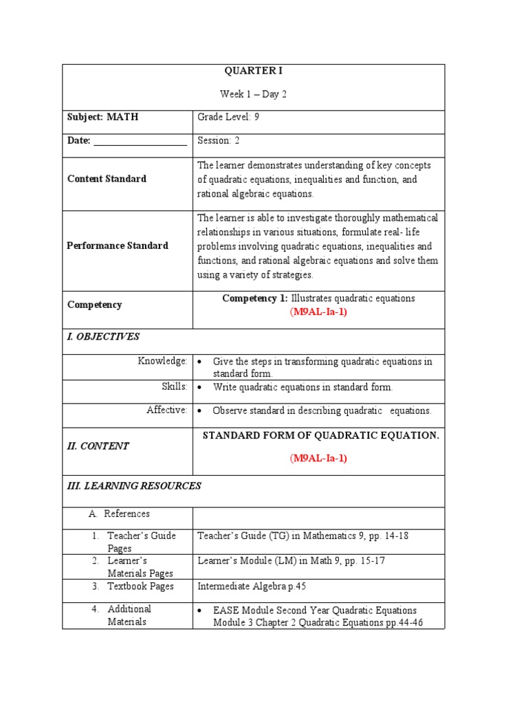 Math 9 Week 1 Day 2 | PDF | Mathematics | Learning