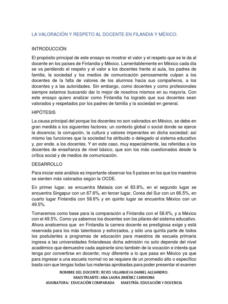 La Valoración y Respeto Al Docente en Filandia y México | PDF | Enseñando | Maestros