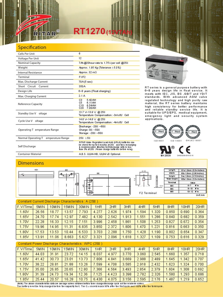 RT1270 - RT12V70 - Ritar | PDF | Metrology | Physical Quantities