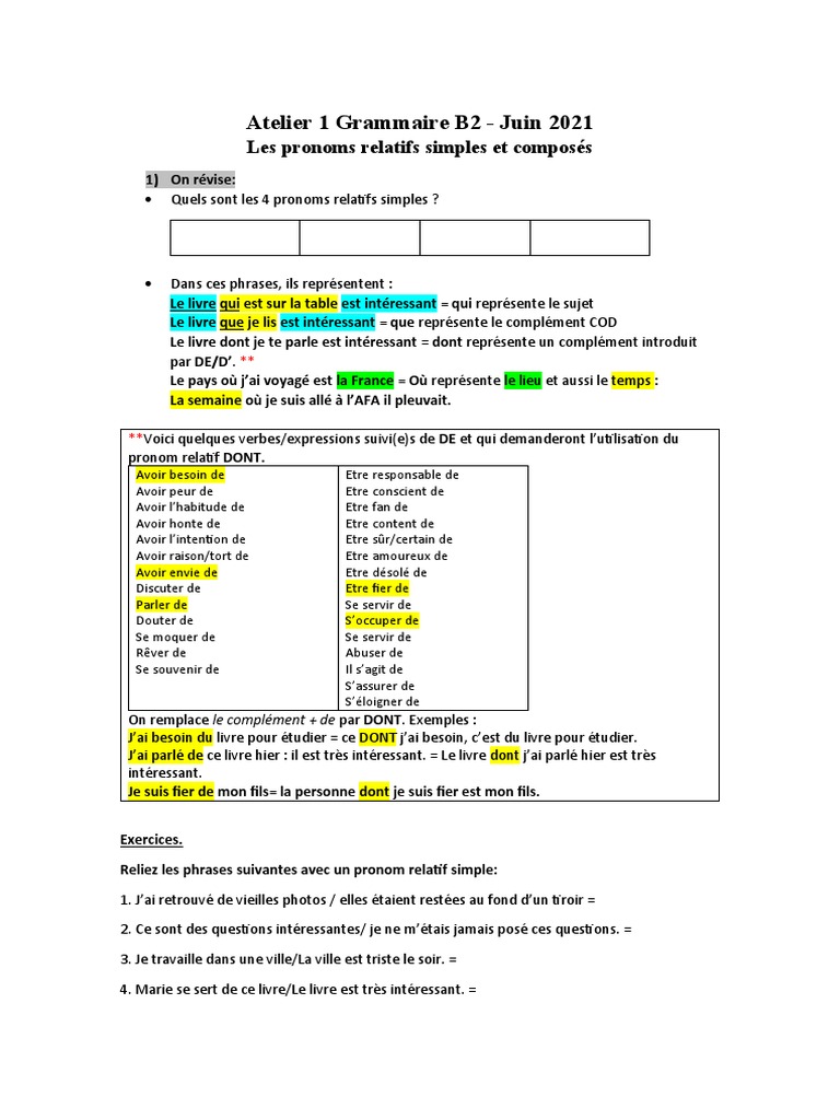 Pronoms relatifs simples et composés | PDF | Pronom | Sujet (Grammaire)
