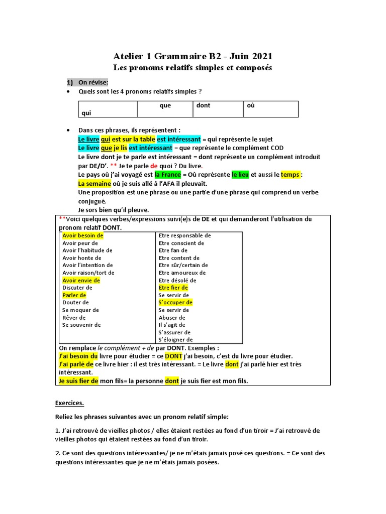Pronoms relatifs simples et composés B2 | PDF | Pronom | Adposition