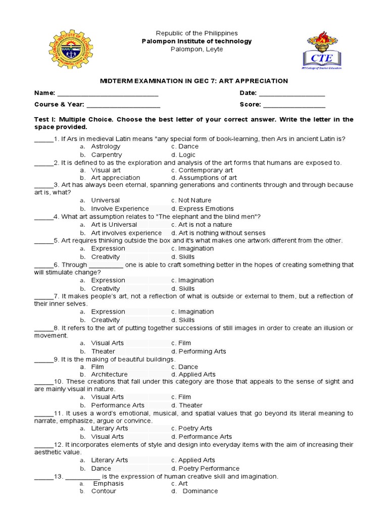 Midterm Exam: Art Appreciation GEC 7 | PDF | The Arts | Aesthetics