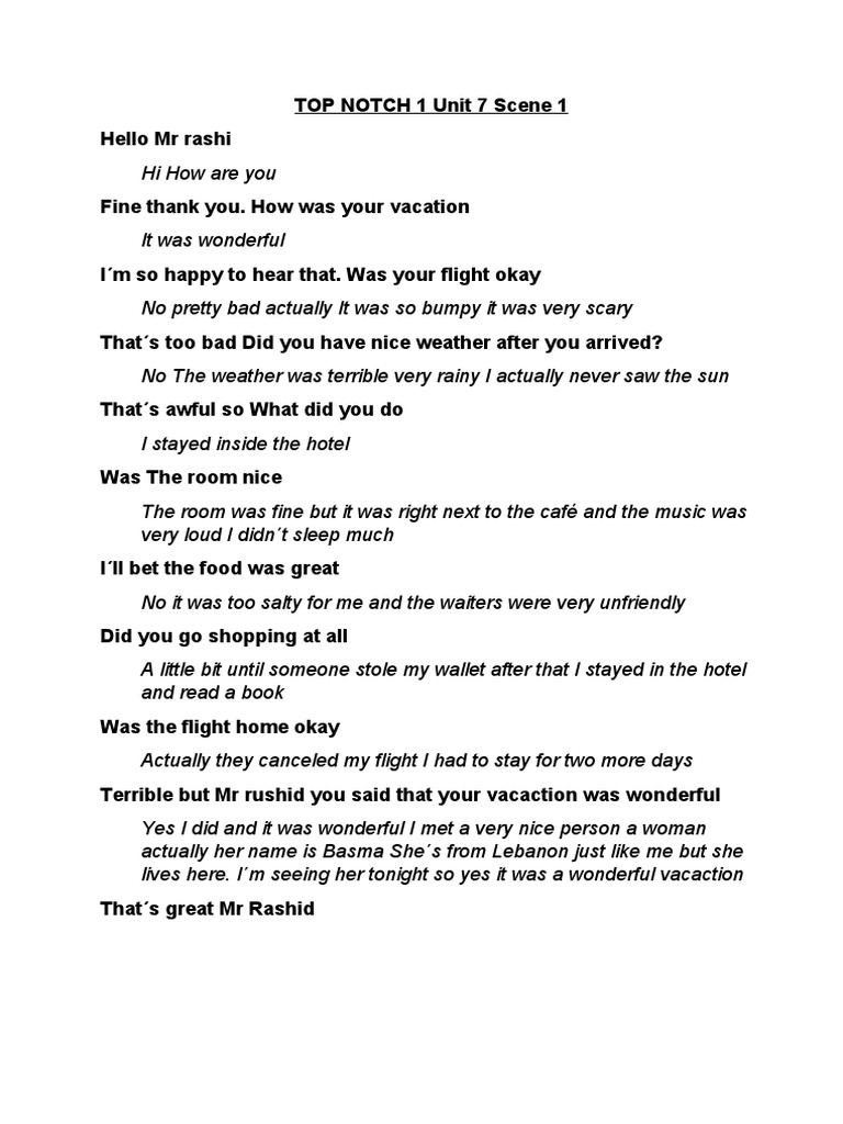 TOP NOTCH 1 TV Unit 7 Scene 1 | PDF