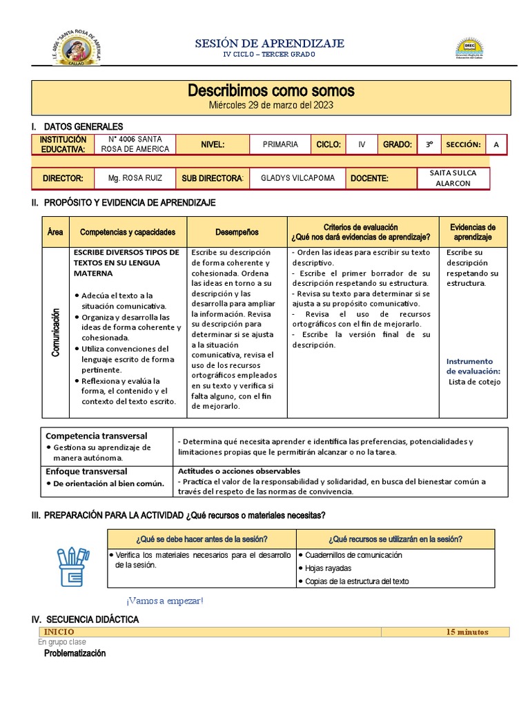Describimos Como Somos: Sesión de Aprendizaje | PDF
