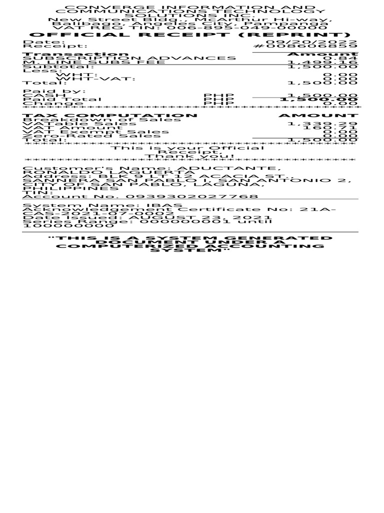 Converge Official Receipt Reprint | PDF | Business | Finance & Money ...