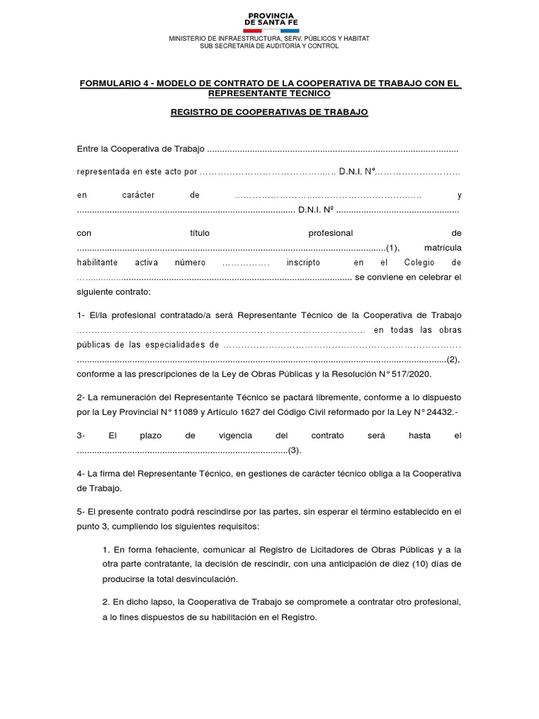 Formulario 4 - Modelo de Contrato de La Cooperativa de Trabajo Con El Representante Tecnico ...