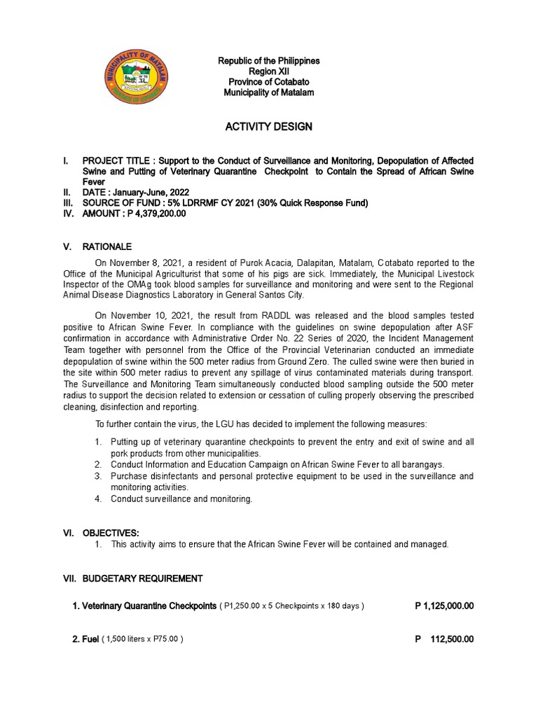 Activity Design For ASF Checkpoint | PDF | Clinical Medicine | Epidemiology
