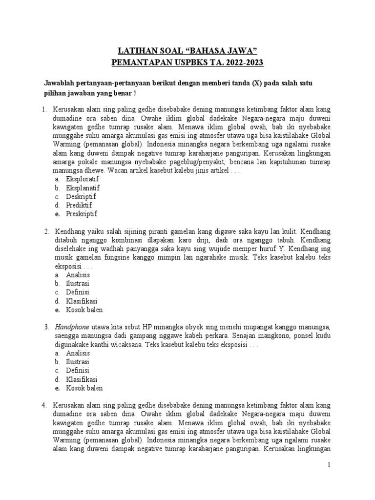 LATIHAN SOAL BAHASA JAWA PEMANTAPAN USPBKS (Bu Mita) | PDF