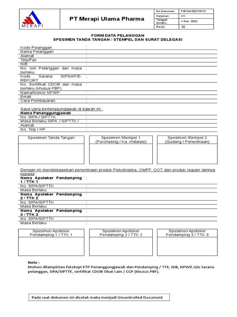 002 FORM DATA PELANGGAN, SPESIMEN TT & SURAT DELEGASI Rev 02 | PDF