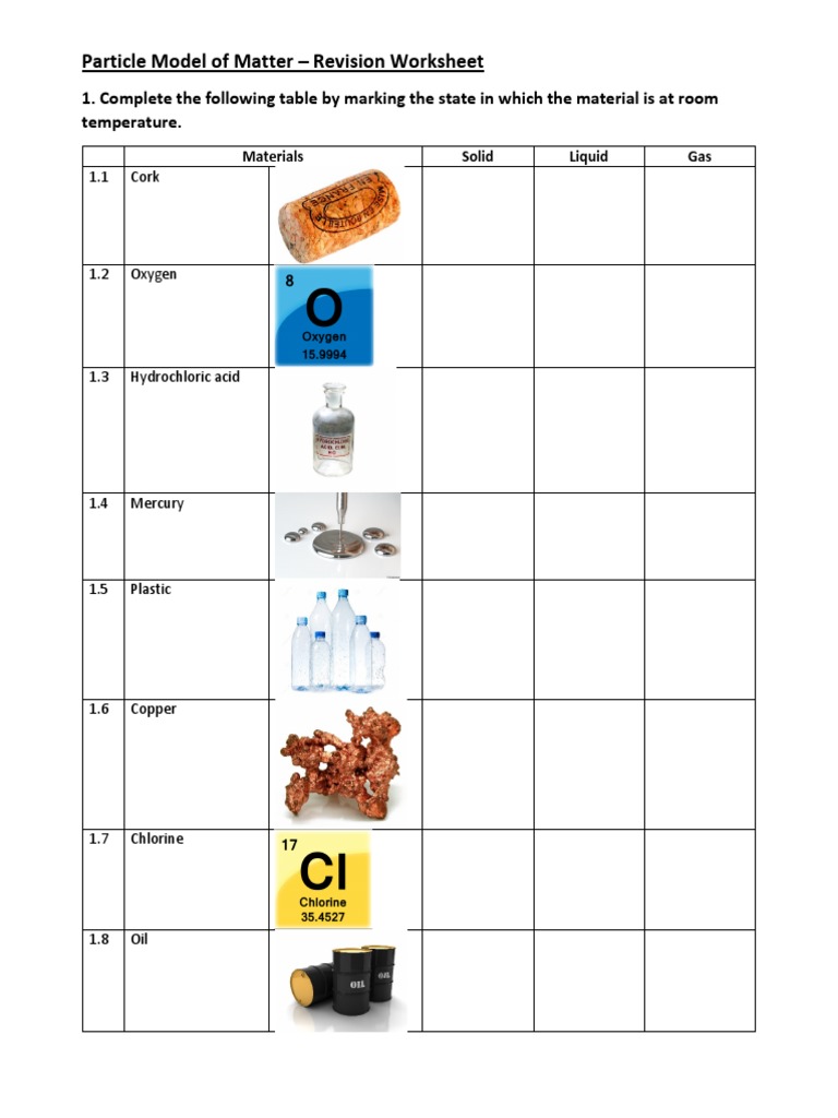 Particle Model of Matter Worksheet | PDF