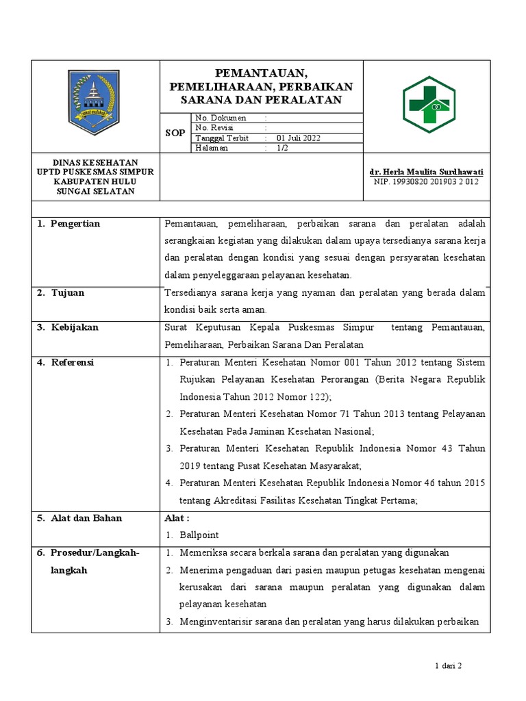 SOP PEMANTAUAN, PEMELIHARAAN, PERBAIKAN SARANA DAN PERALATAN Rev | PDF