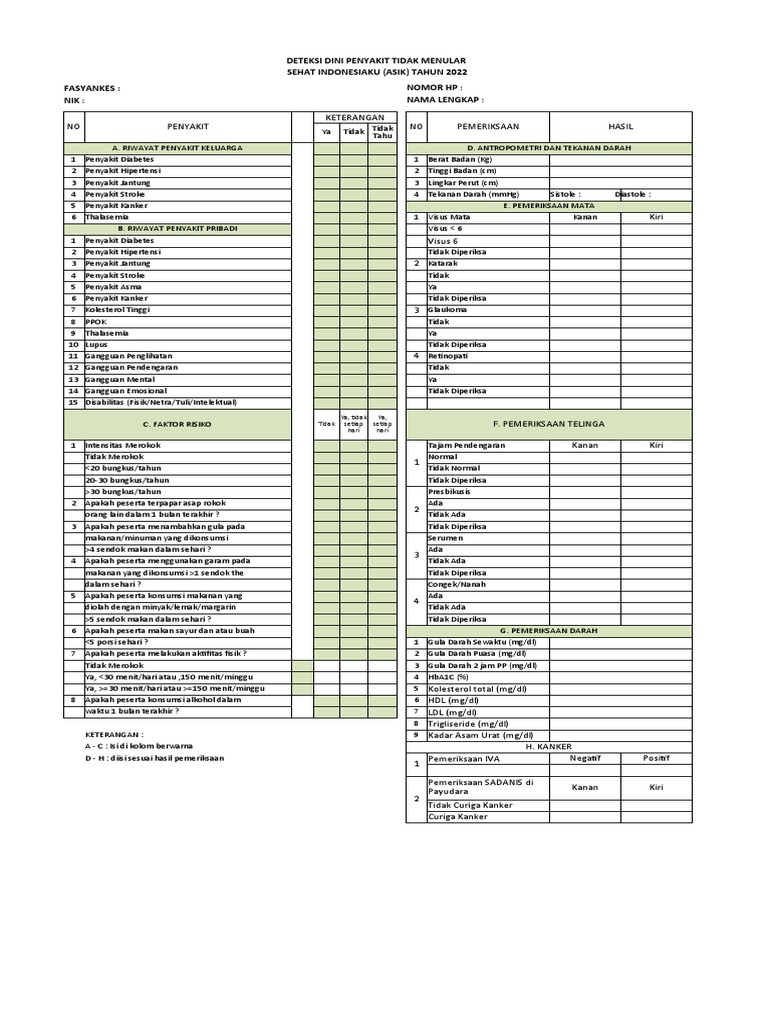 CONTOH FORM DETEKSI DINI PTM (ASIK) 2022 | PDF