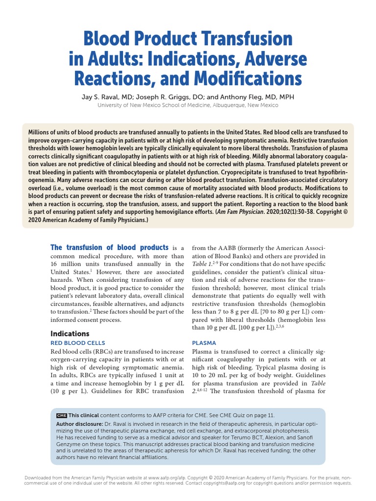 Blood Product Transfusion in Adults: Indications, Adverse Reactions ...