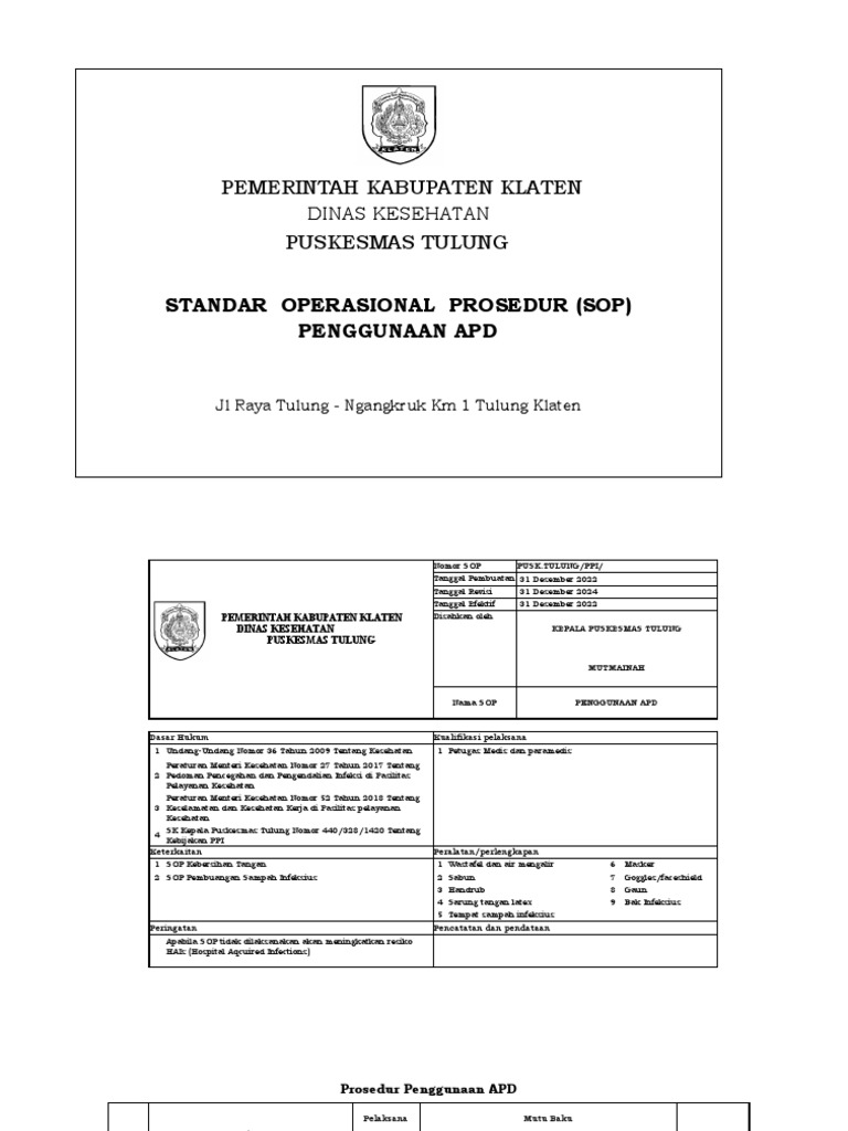 Pemerintah Kabupaten Klaten Puskesmas Tulung: Standar Operasional Prosedur (Sop) Penggunaan Apd ...