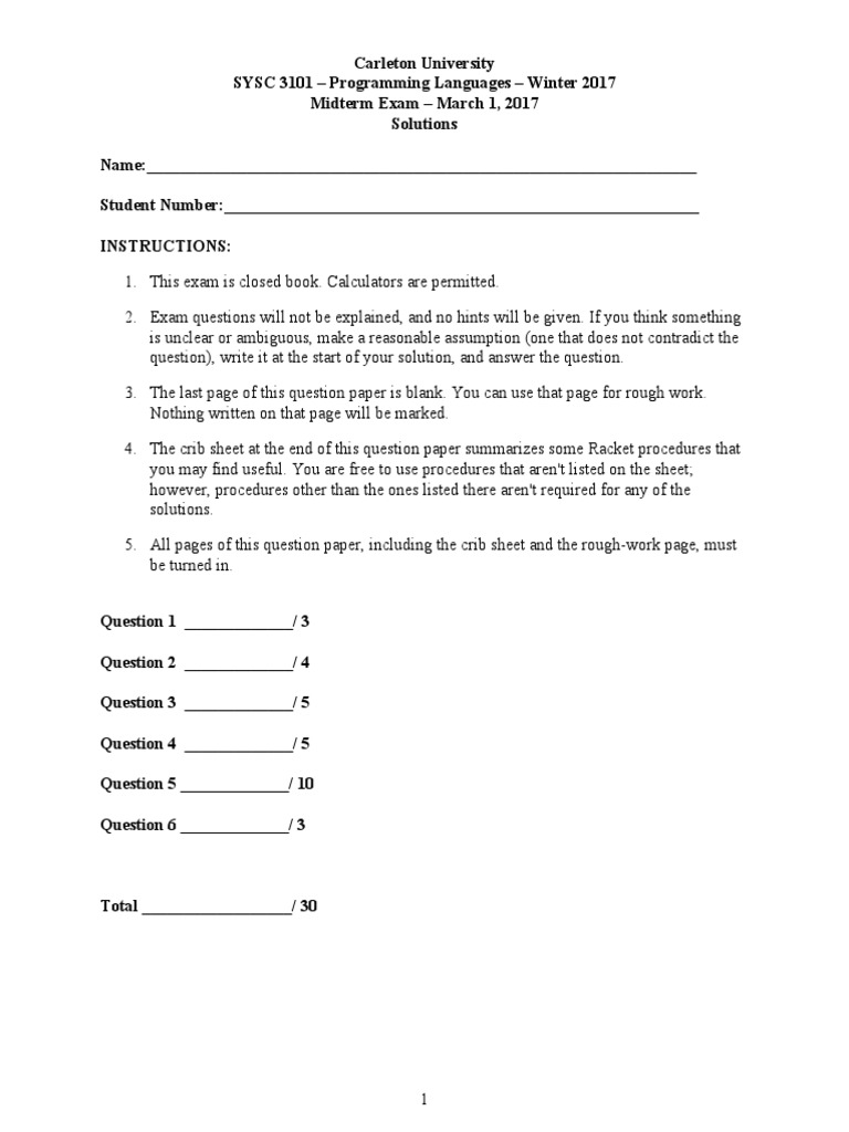 SYSC 3101 W17 Midterm Exam Solutions 1 PDF | PDF | Parameter (Computer Programming) | Integer