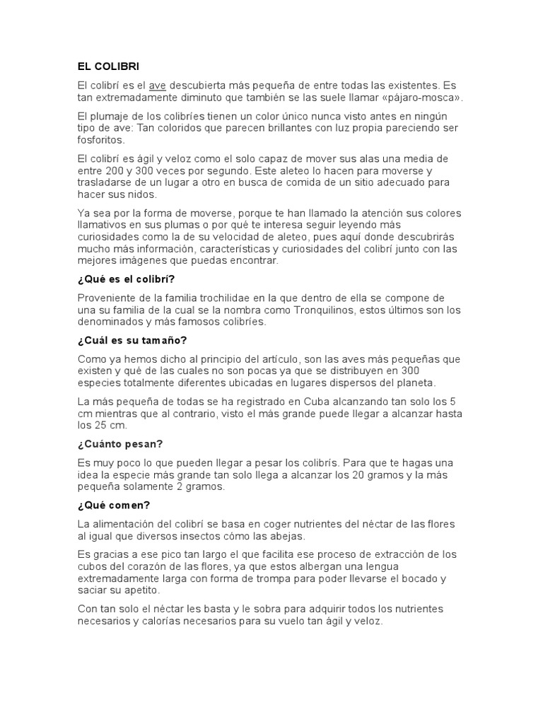 El Colibri: ¿Qué Es El Colibrí? | PDF | Aves | Mamíferos