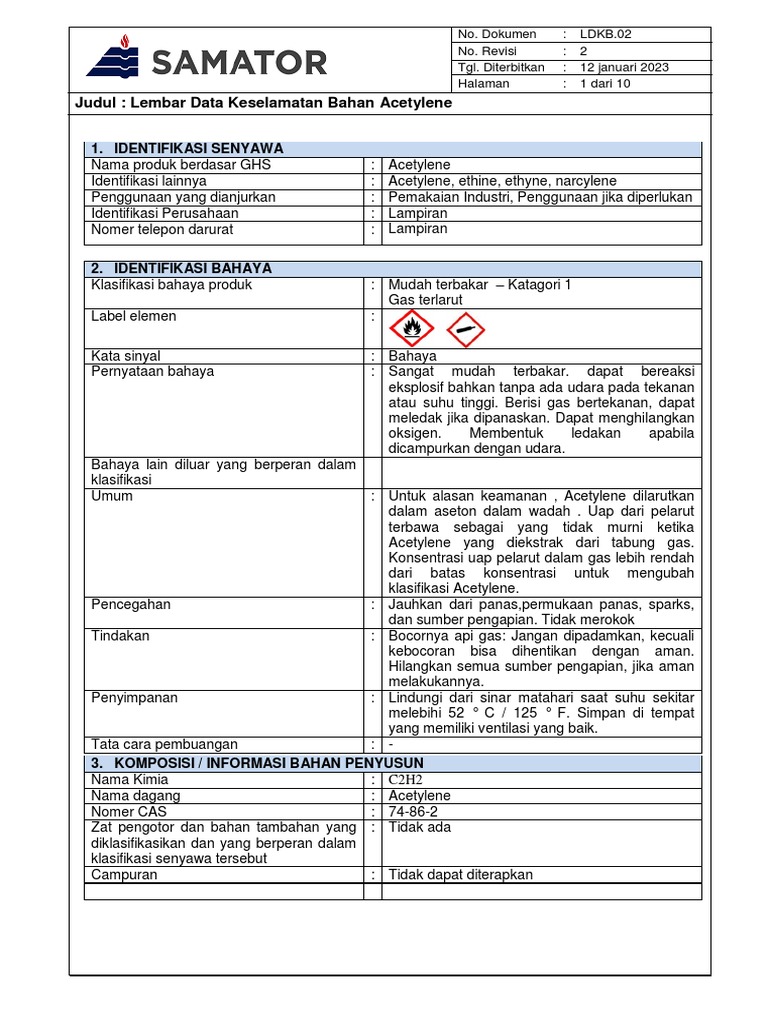 LDKB-02 Lembar Data Keselamatan Bahan Acetylene Rev 12-01-23 | PDF