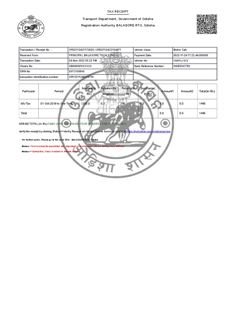 Tax Receipt Transport Department, Government of Odisha Registration ...