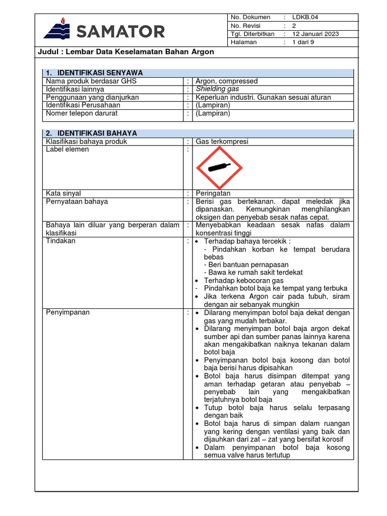 LDKB-04 Lembar Data Keselamatan Bahan Argon 12-01-23 | PDF