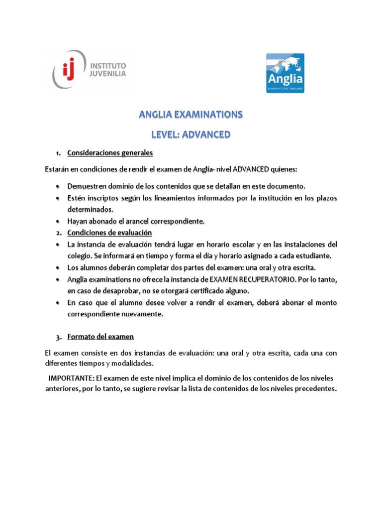 Anglia Examinations Level: Advanced | PDF | Adverbio | Verbo