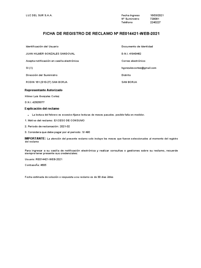 Reclamo Luz Del Sur | PDF