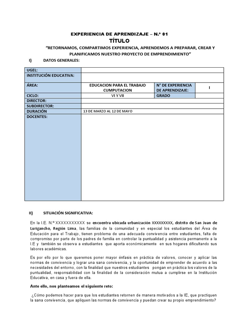 Experiencia De Aprendizaje 1 Ept Secundaria 2023 Pdf Aprendizaje