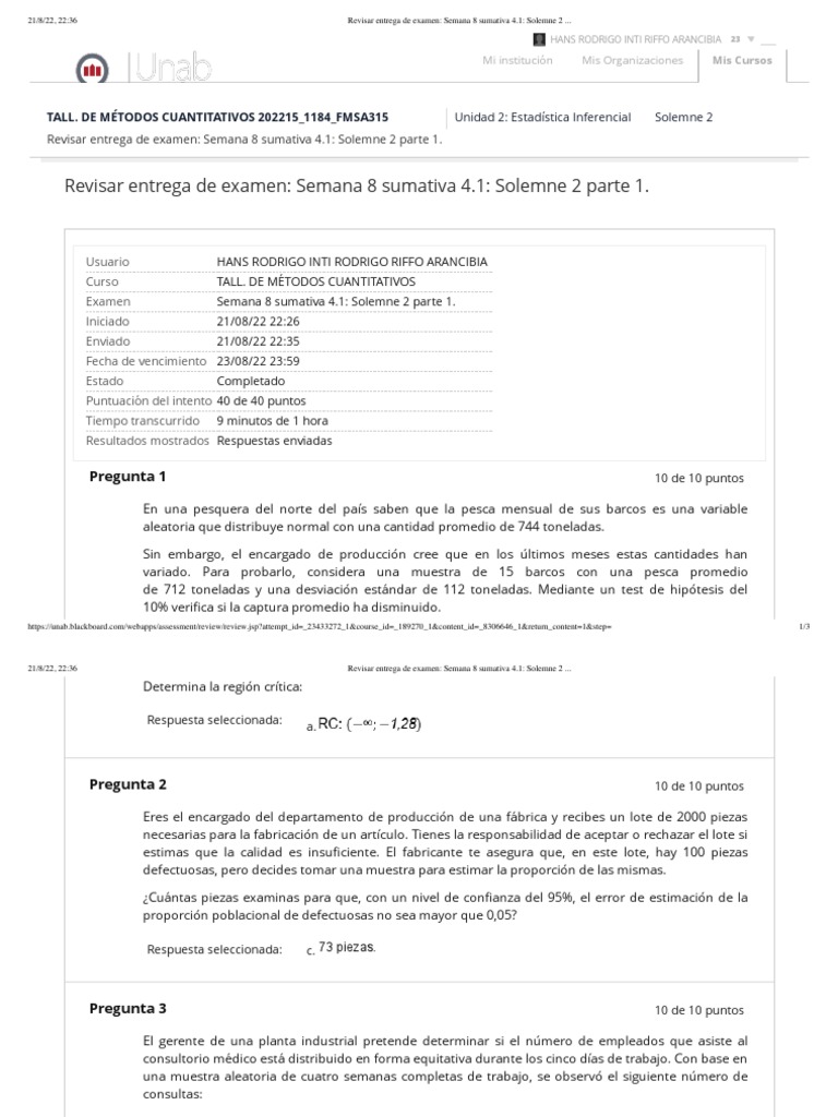 Revisar Entrega de Examen: Semana 8 Sumativa 4.1: Solemne 2 Parte 1 | PDF | Desviación Estándar