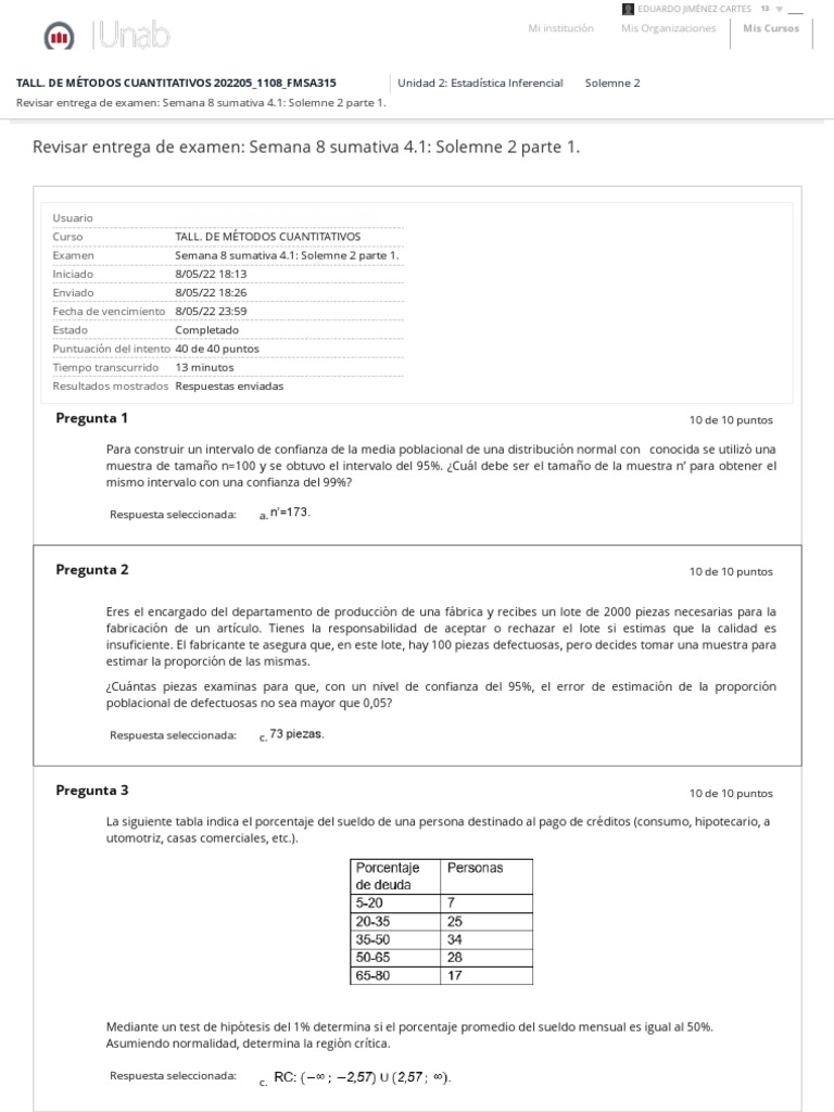 Revisar Entrega de Examen: Semana 8 Sumativa 4.1: Solemne 2 Parte 1 | PDF | Estadísticas ...