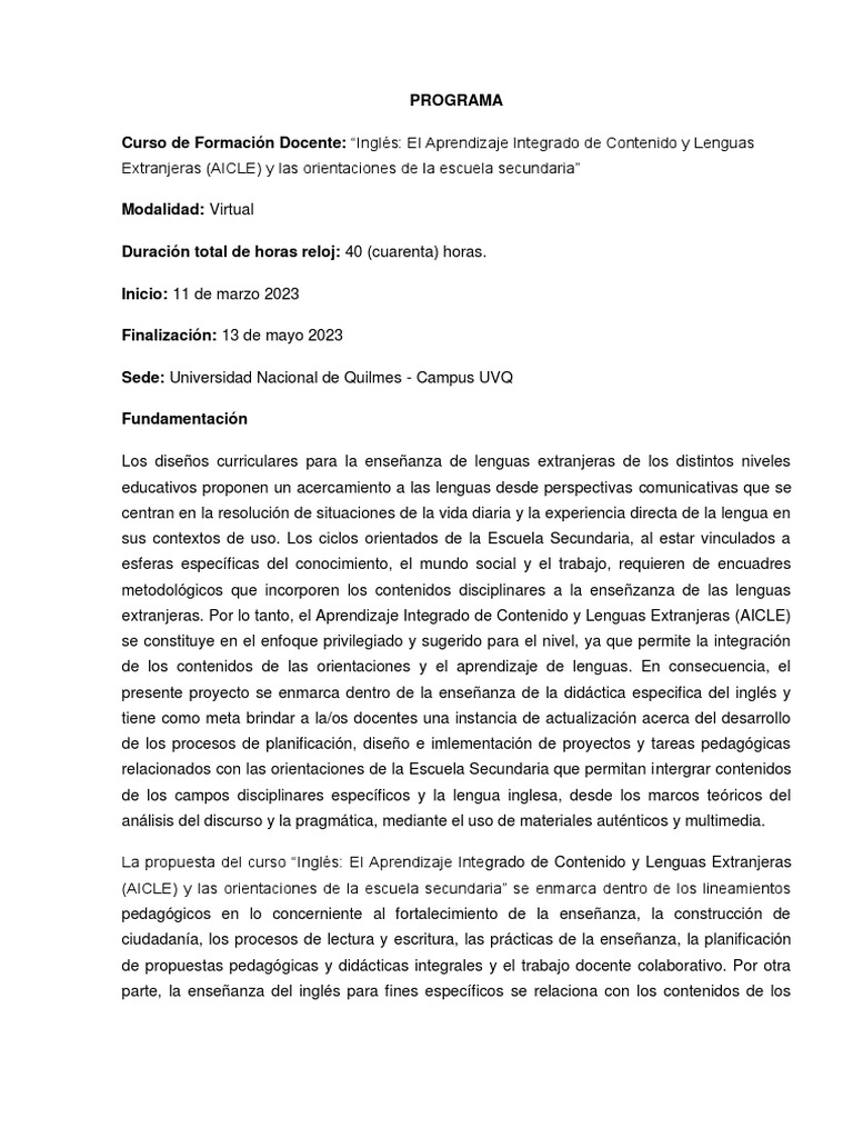 PROGRAMA AICLE Orientaciones Secundario UNQ INFoD | PDF | Enseñando ...