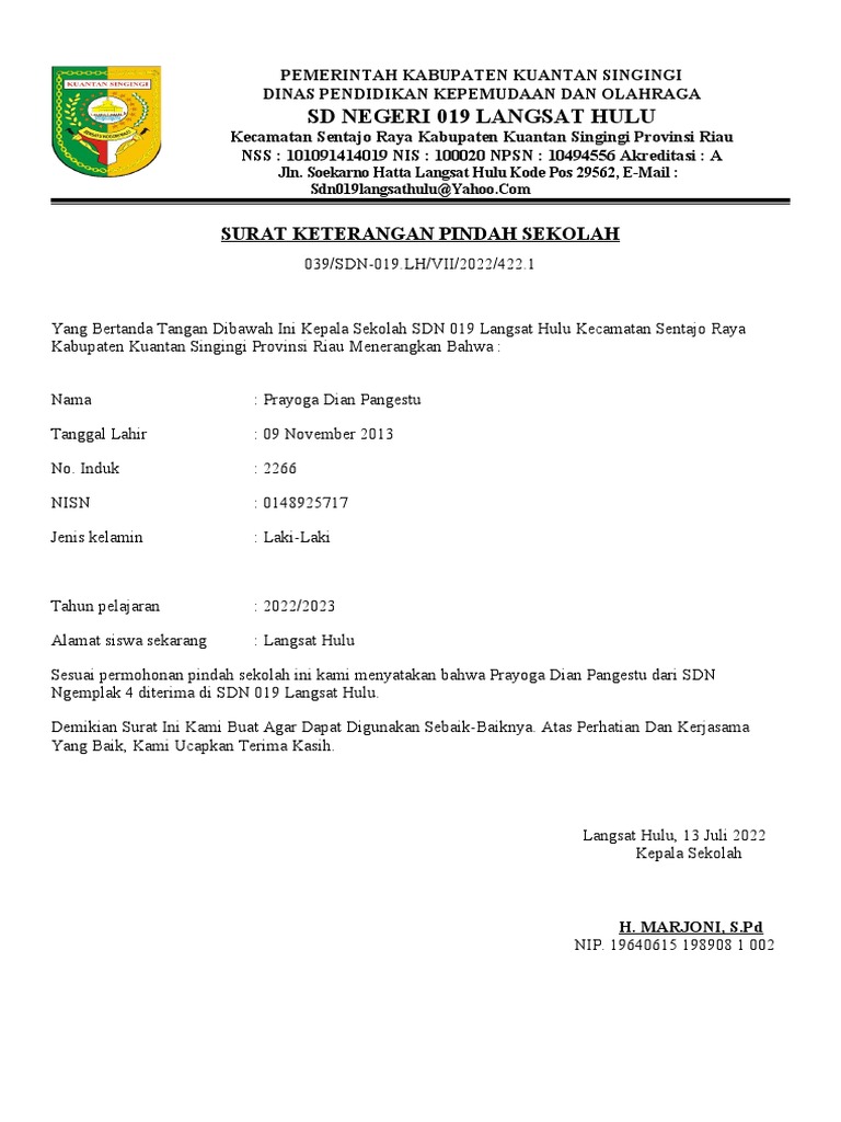 Surat Keterangan Pindah Sekolah | PDF