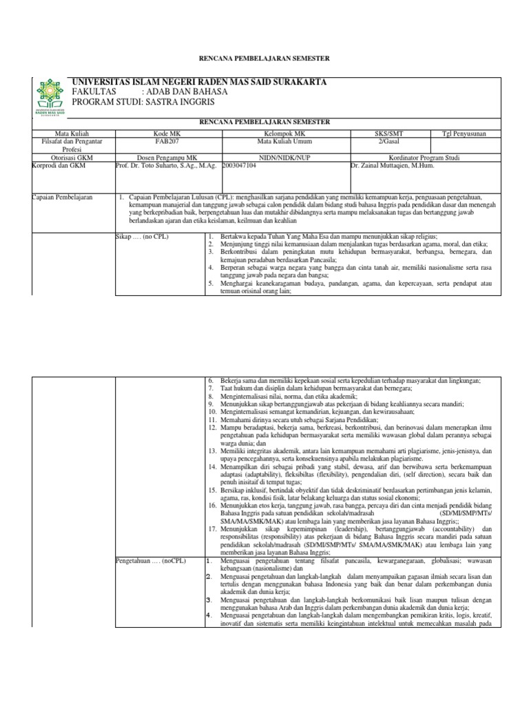 Prof. Toto - RPS Filsafat Dan Pengantar Profesi SASING | PDF