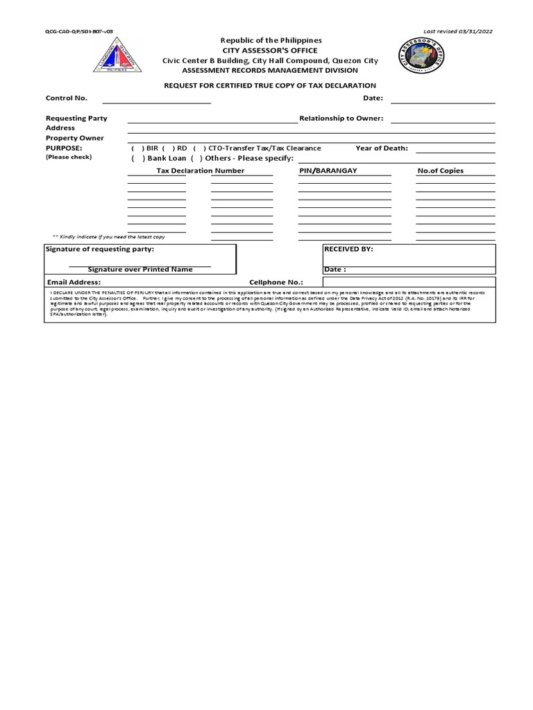 Request Certified Tax Declaration Copy | PDF