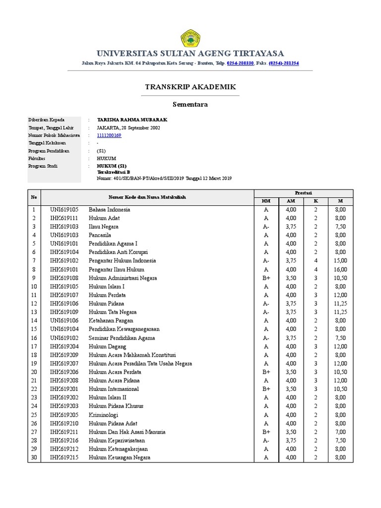 Universitas Sultan Ageng Tirtayasa: Transkrip Akademik Sementara | PDF