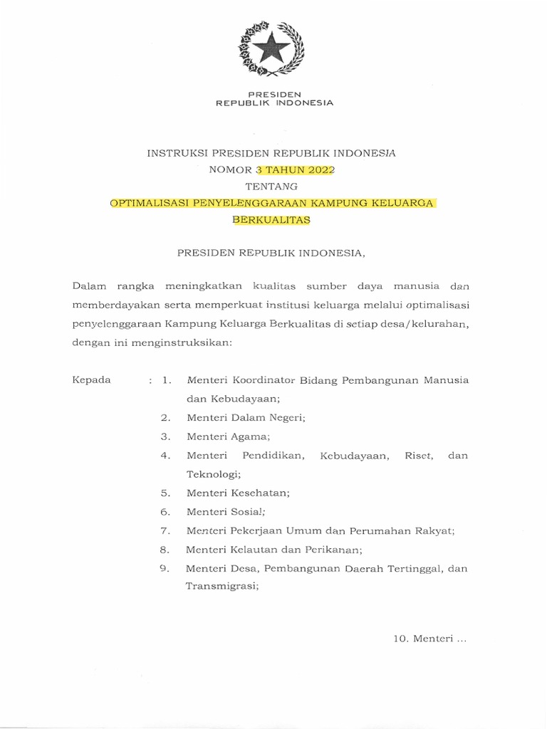 Inpres Nomor 3 Tahun 2022 Optimalisasi Penyelenggaraan Kampung Keluarga