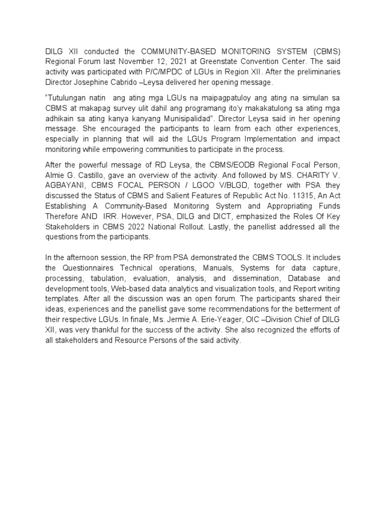 CBMS Post Activity Report | PDF