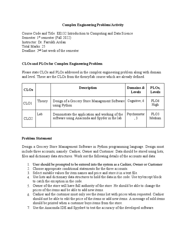 Complex Engineering Problem/Activity: Cognitive, 6 Plo6 High Lab Psychomotor, 3 Plo3 Medium ...