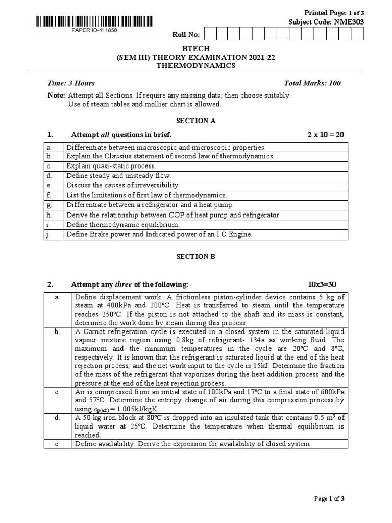 Btech Thermodynamics - 2022 - 1 | PDF | Heat | Thermodynamics