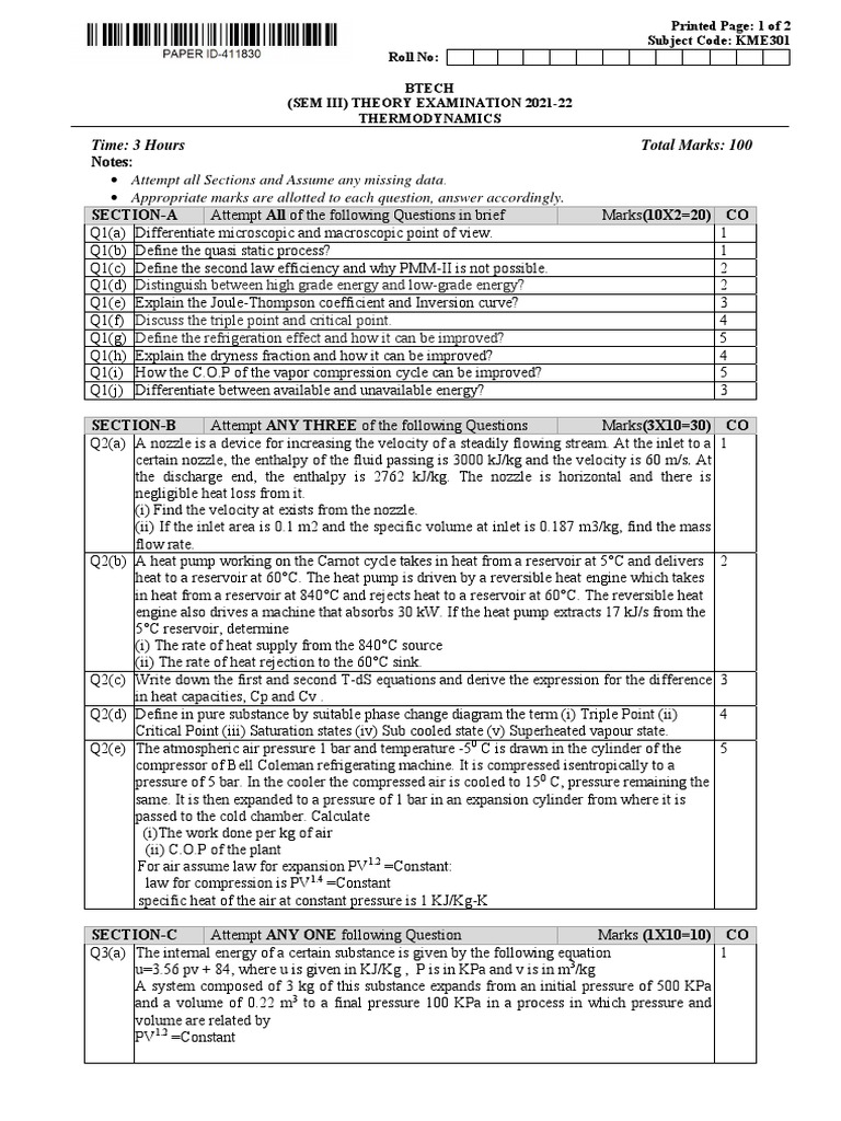 Btech Thermodynamics - 2022 | PDF | Heat | Heat Pump