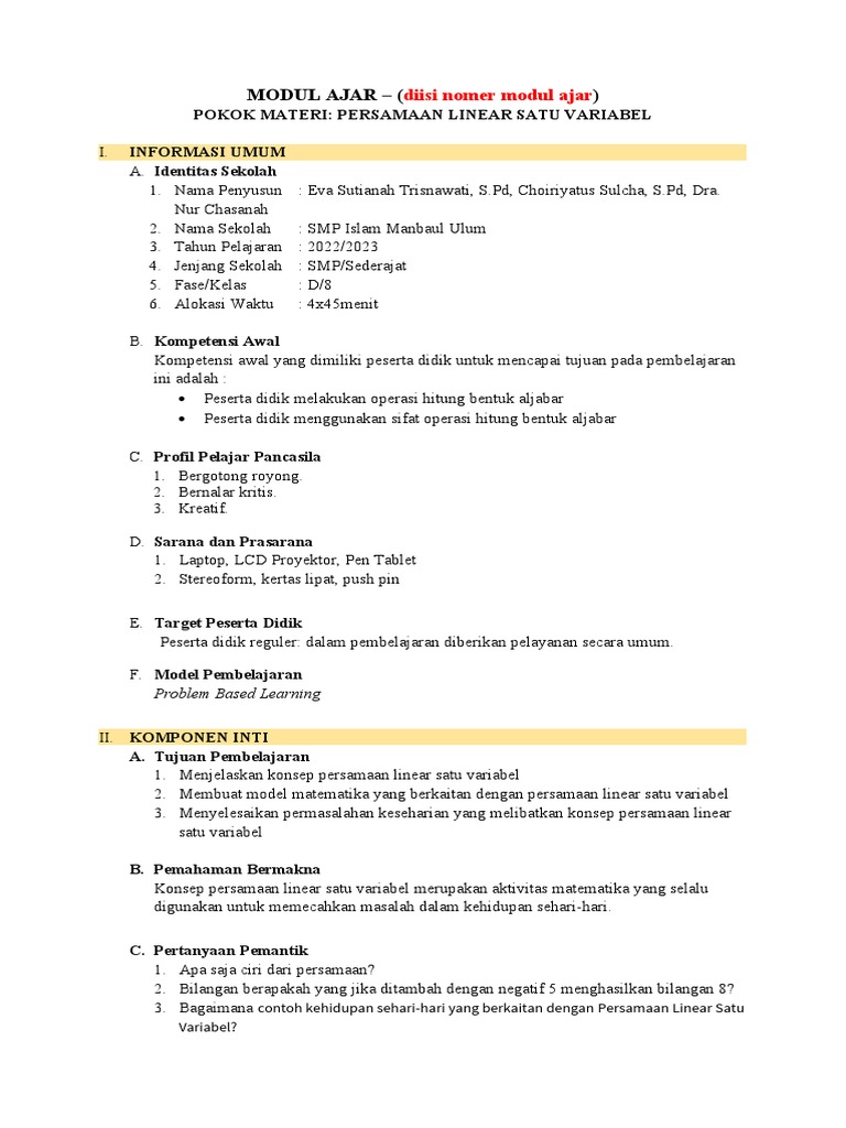 Modul Ajar PLSV | PDF