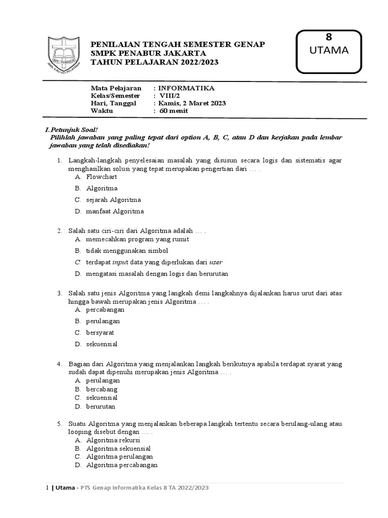 SOAL UTAMA PTS Genap Informatika Kelas 8 TA 2022-23 | PDF | Komputer