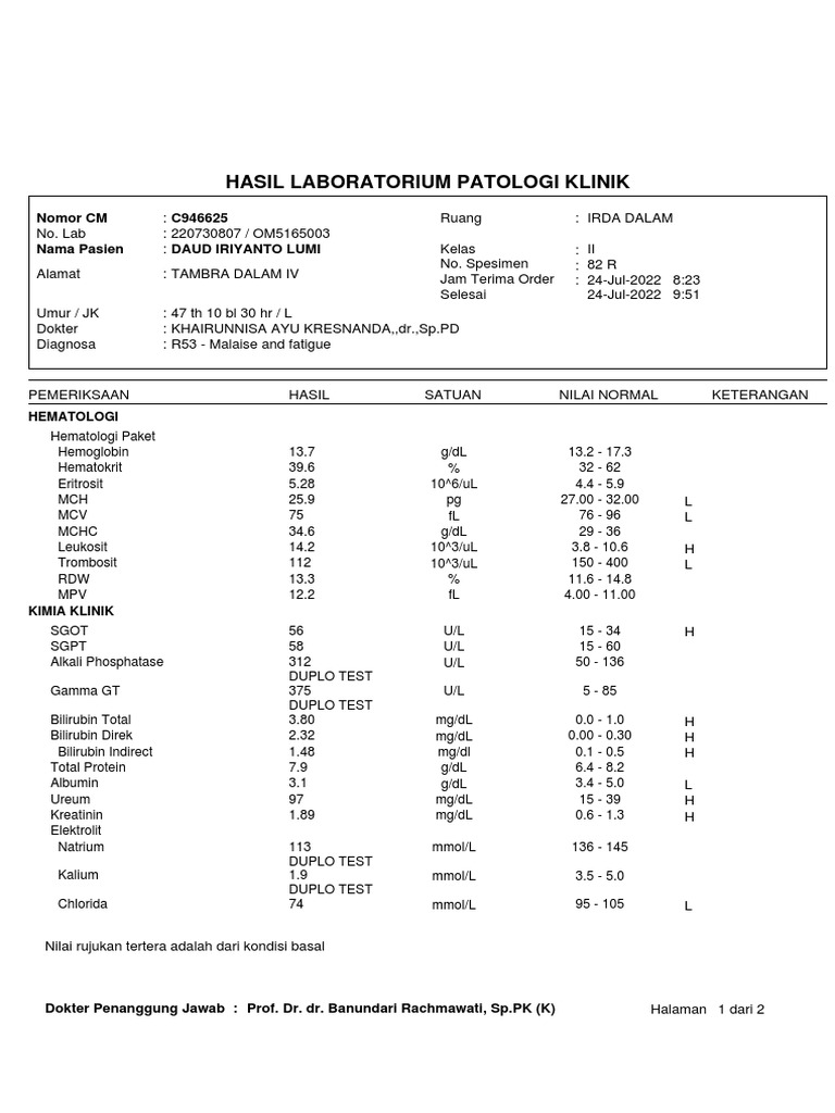 Hasil Laboratorium Patologi Klinik: Nomor CM Nama Pasien C946625 Daud ...