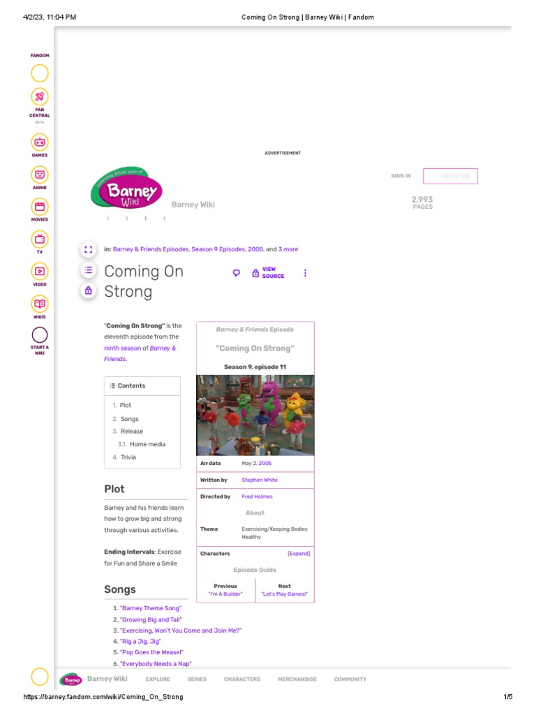 Barney's "Coming On Strong" Episode Guide | PDF | Fandom