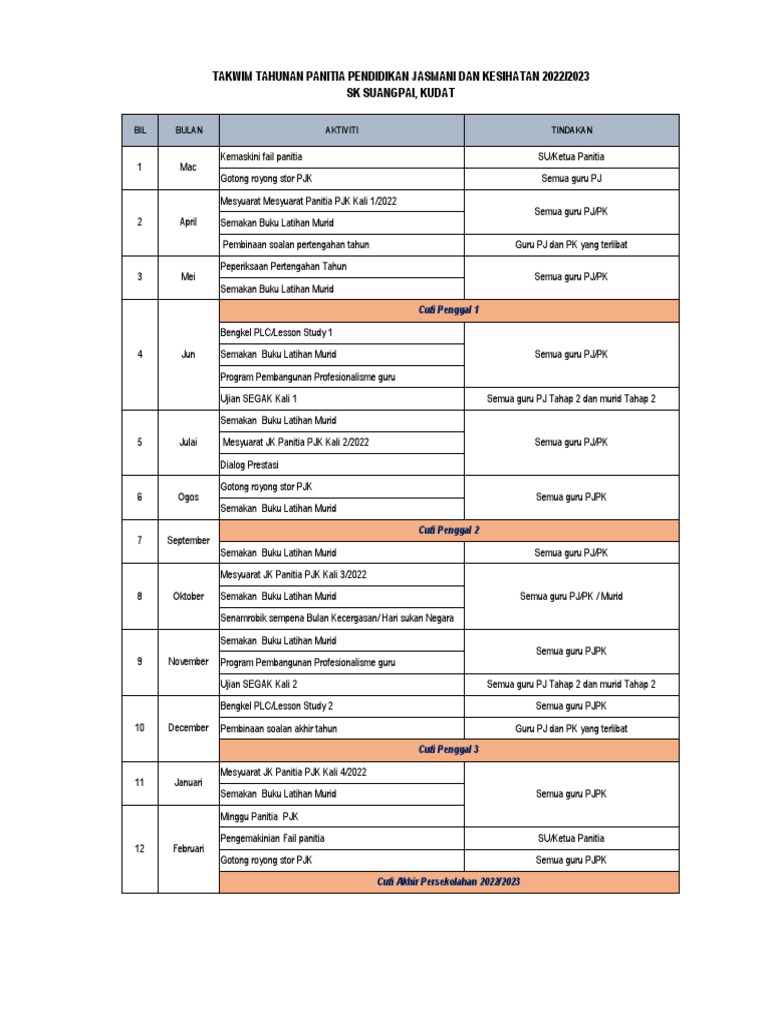 Takwim Panitia PJK 2022 | PDF