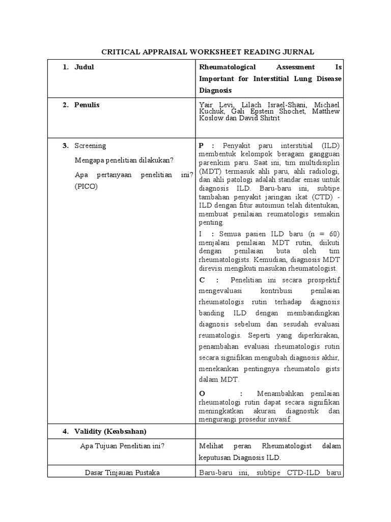 Critical Appraisal Worksheet Reading Jurnal | PDF