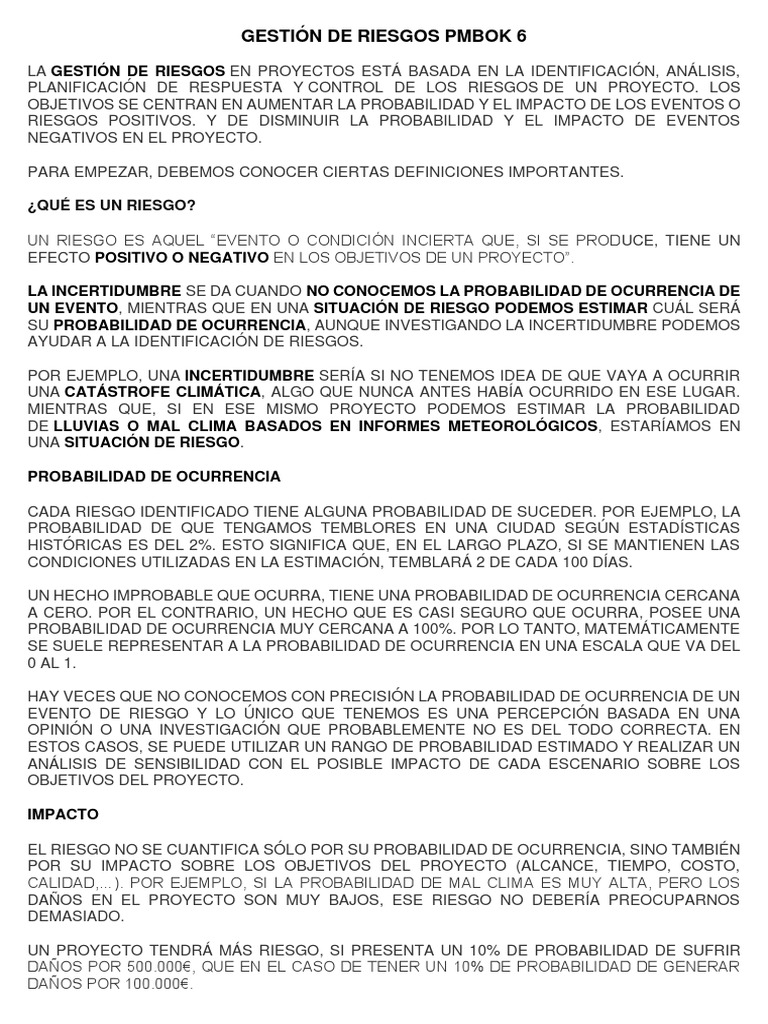 Gestión de Riesgos Pmbok 6 | PDF | Riesgo | Probabilidad