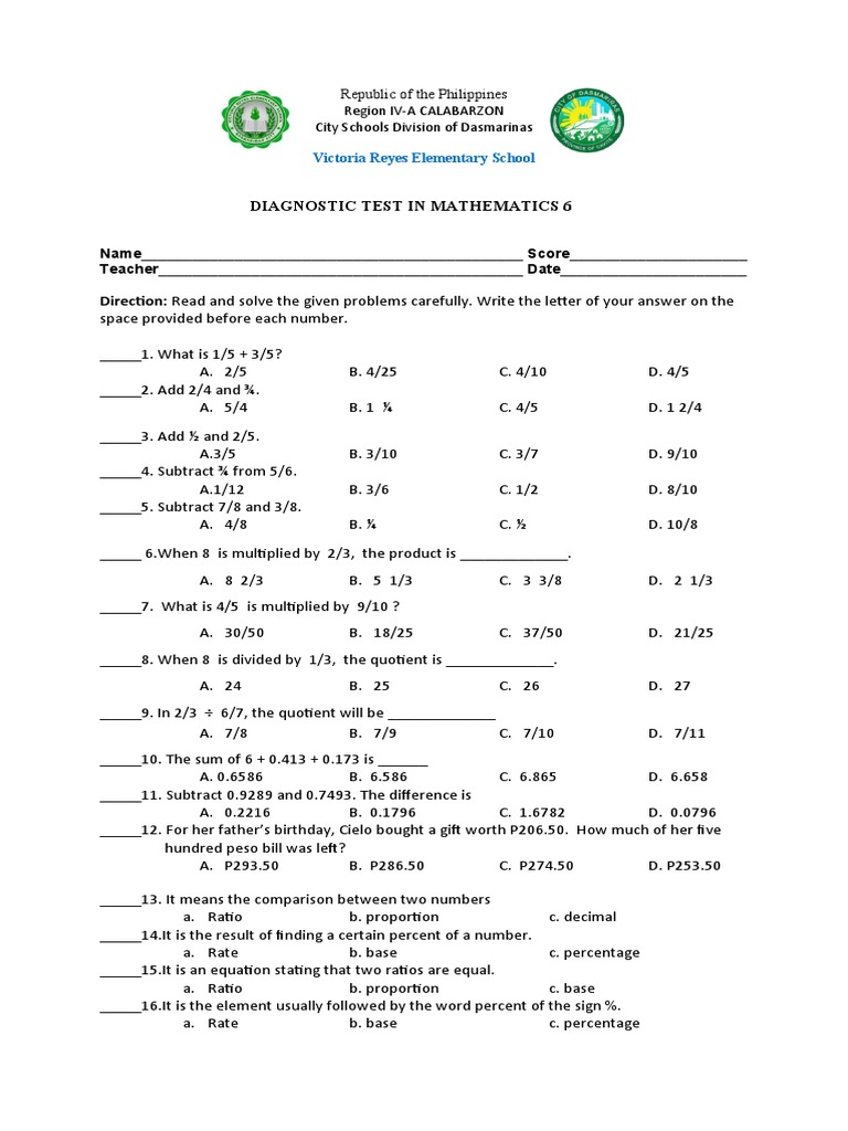 Diagnostic Test in Mathematics 6 | PDF | Triangle | Volume