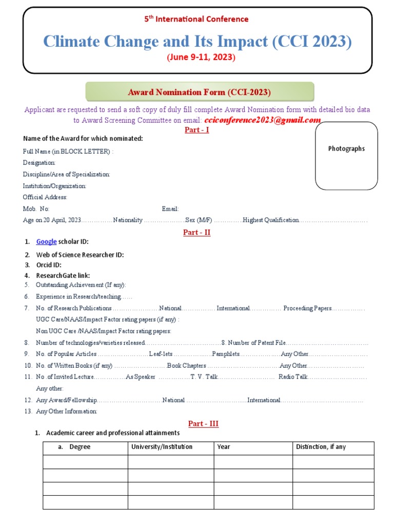 Award Nomination Form CCI-2023 | PDF | Science