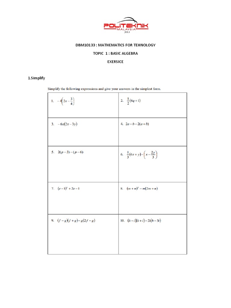 Basic Algebra Exercises for DBM10133 | PDF