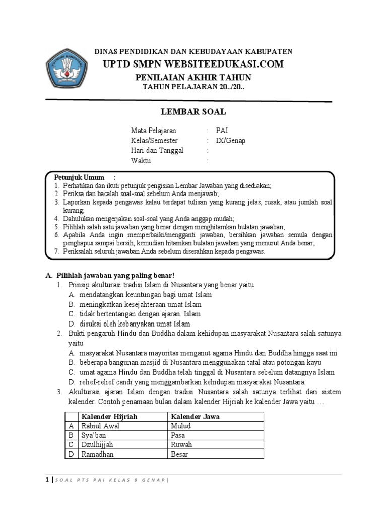 Soal Pts 2 Pai Kelas 9 k13 | PDF | Kajian Bahasa Asing | Agama & Spiritualitas